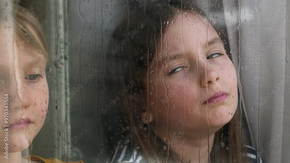 Two little girls children preteen crisis looking window sad sorrow ...