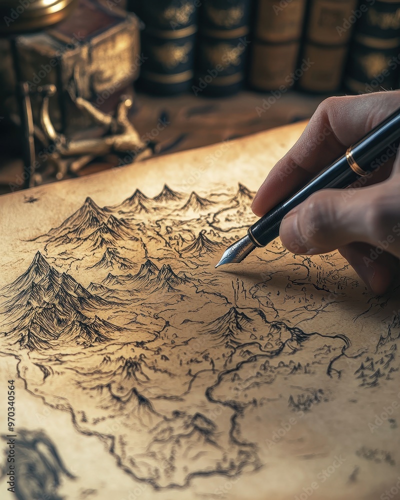 Hand Drawing a Detailed Mountain Range on Old Paper with a Fountain Pen ...