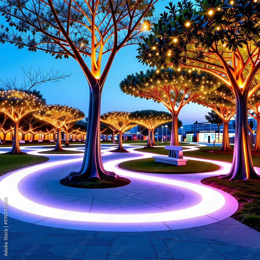 A futuristic park with robotic trees that absorb pollution and generate ...