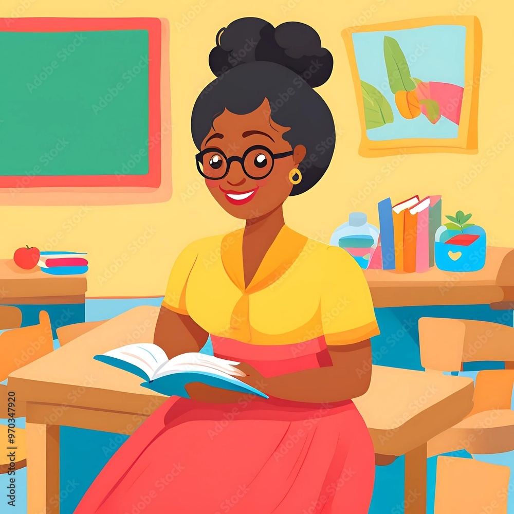 Black Woman Teacher Reading in a Classroom, Cartoon Vector Illustration ...