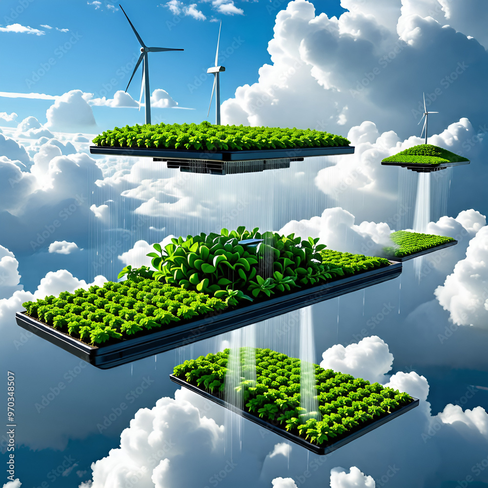 A floating farm in the sky, with crops growing on levitating platforms ...
