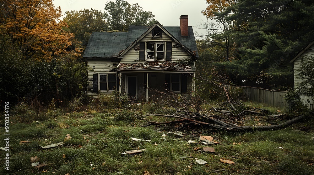 Overgrown grass with broken trees scattered across the yard, shattered ...