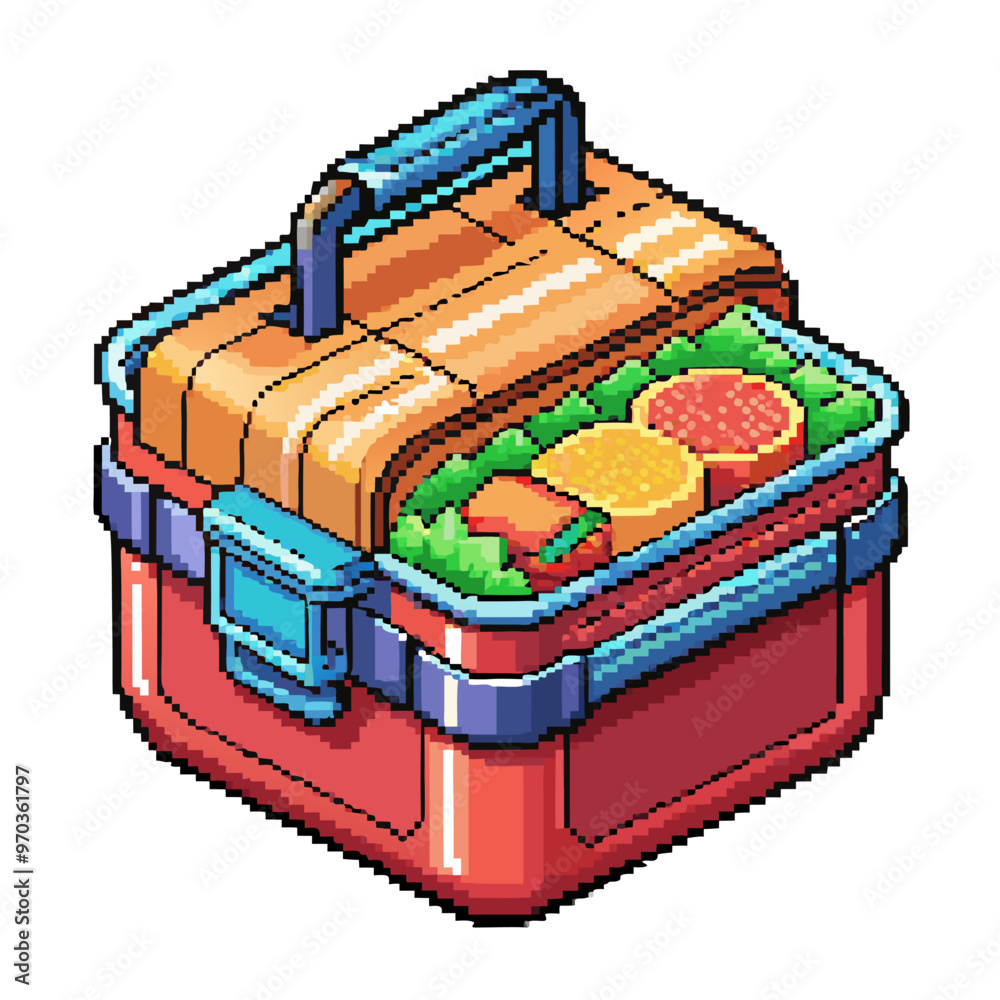 Pixel Art Lunchbox with Homemade Food, Salad, and Fruits in Retro Style ...