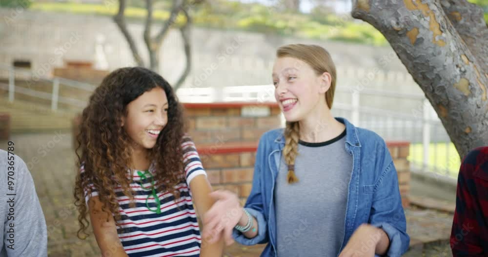 Teenagers, students or laughing in break on high school, college or ...