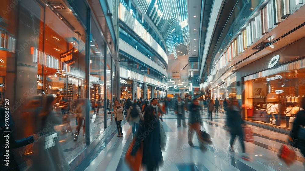 Vibrant scene of a busy shopping center with people walking in blurred ...