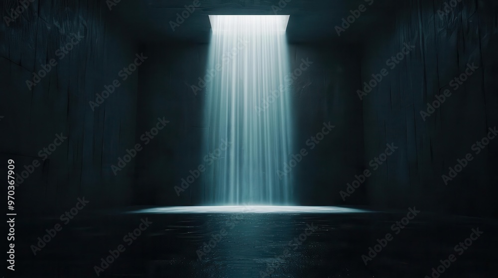 Waterfall cascading into an underground cavern, illuminated by natural ...