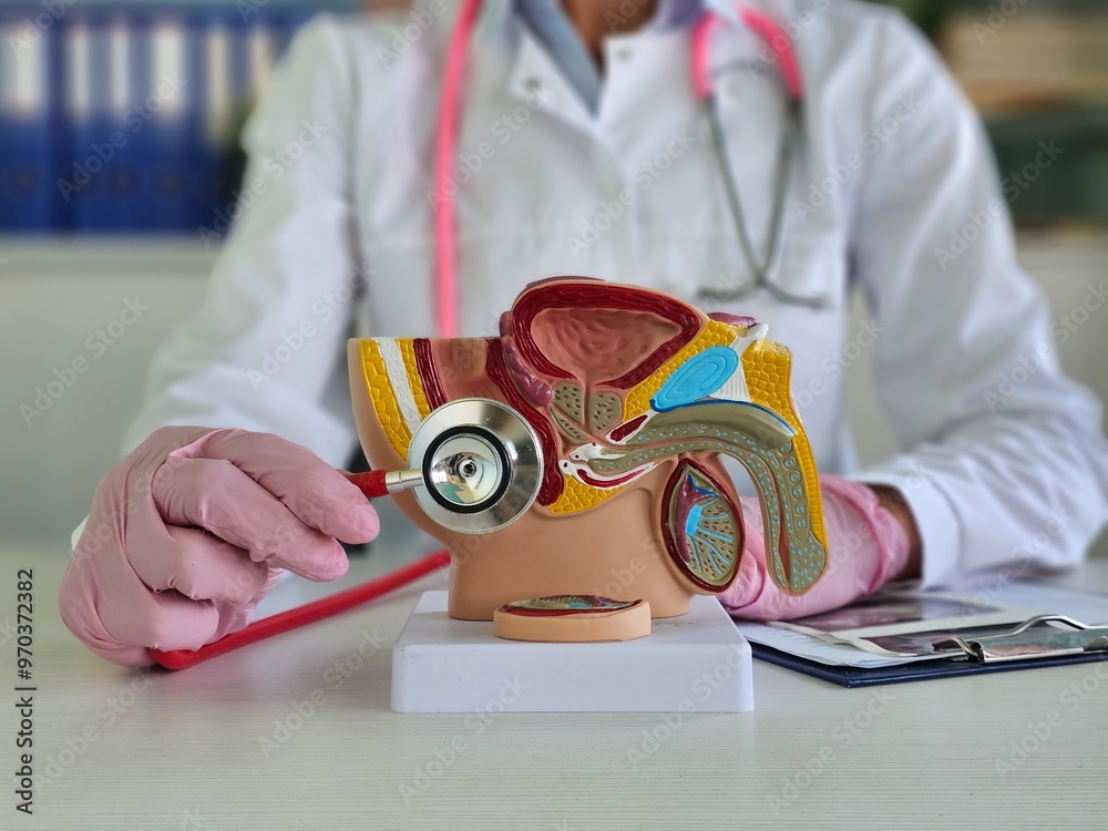 Urologist showing and pointing on male pelvis, anatomy of the male ...
