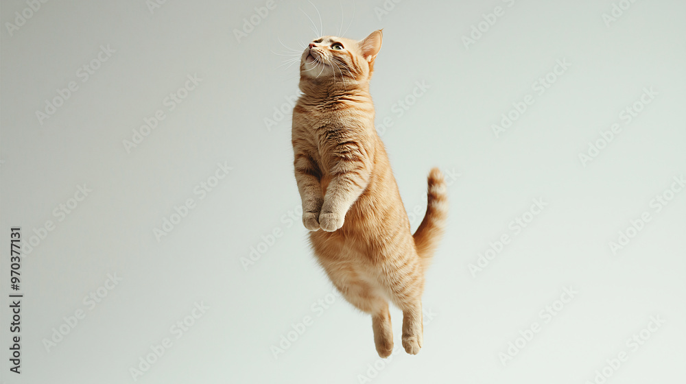 Levitating orange cat with playful expression against white background ...