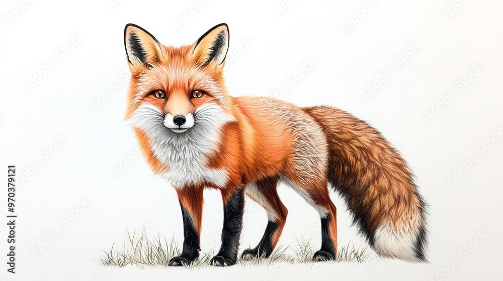 Wildlife Fox, colored pencil drawing isolated on white background ...
