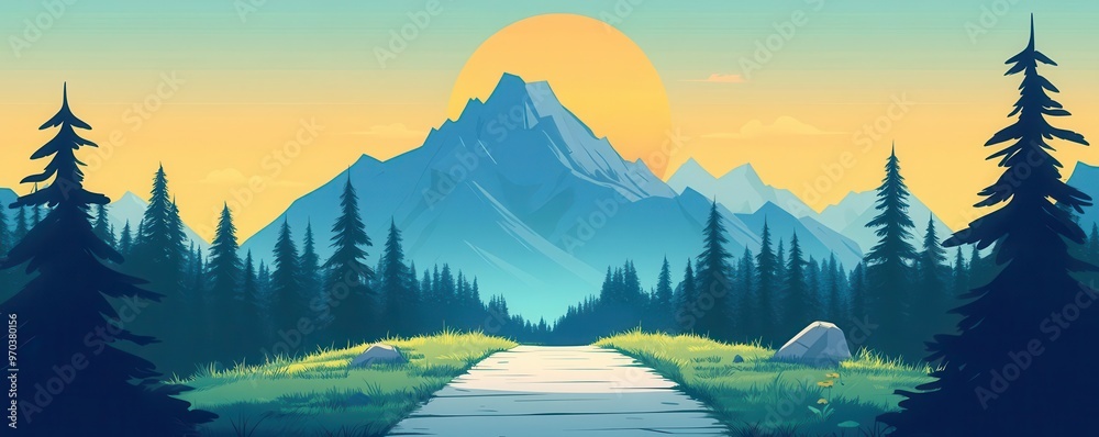 Animated style flat design mountain path, triadic color palette ...