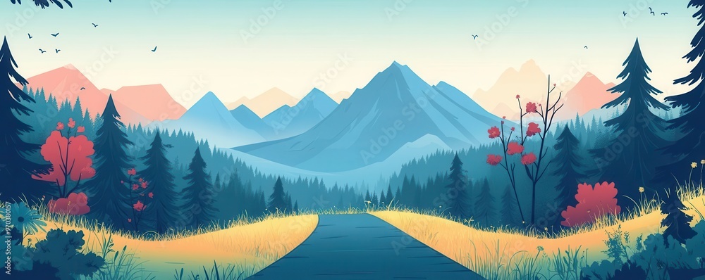 Animated style flat design mountain path, triadic color palette ...