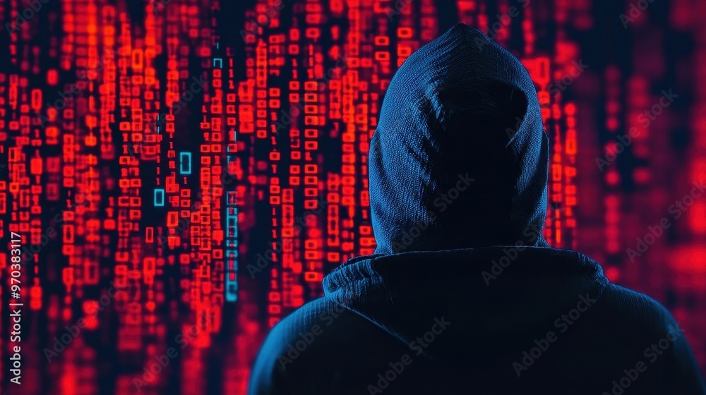 Hacker silhouette blocked by an invisible firewall, vibrant codes in ...
