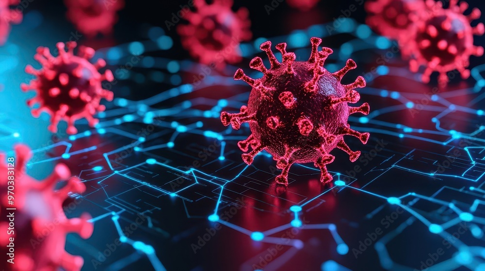 Abstract network map with red virus nodes blocked by glowing blue ...