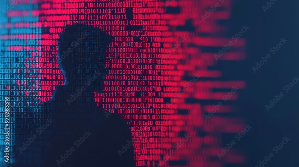 Hacker silhouette blocked by an invisible firewall, vibrant codes in ...