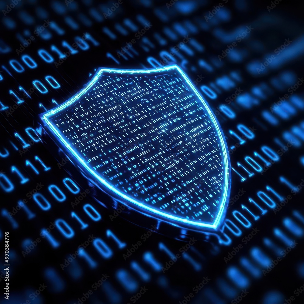 Glowing shield symbol embedded in a matrix of binary code, illustrating protection against ...