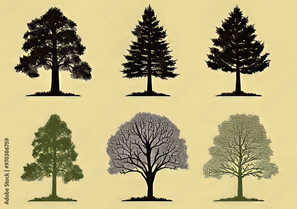 Silhouettes of six different tree types against a soft yellow ... Silhouettes of six different tree types against a soft yellow ...