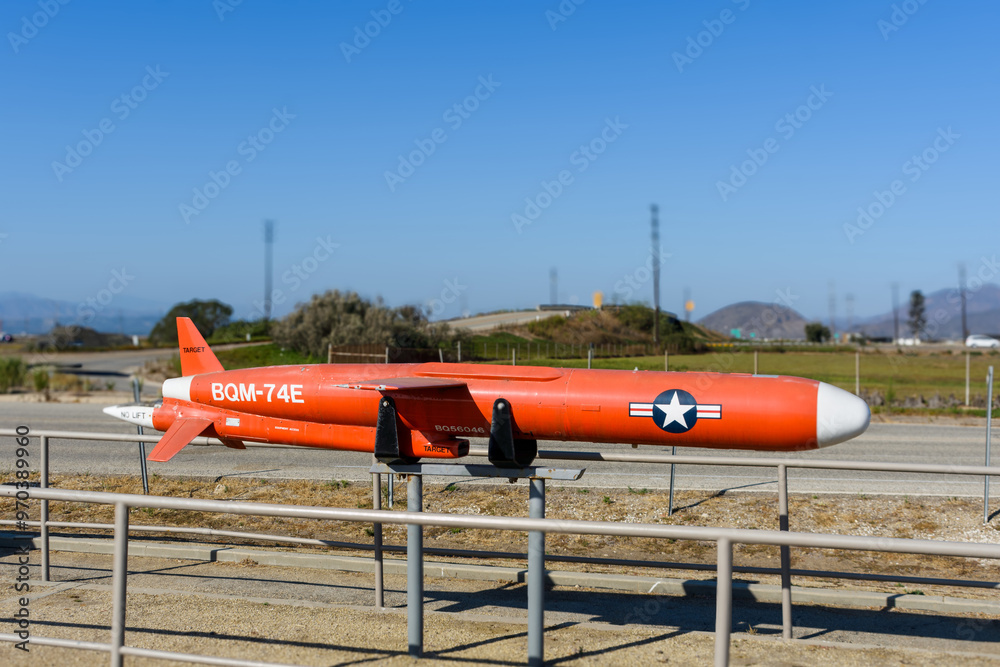 Northrop BQM-74E Chukar target drone displayed outdoors with its bright ...
