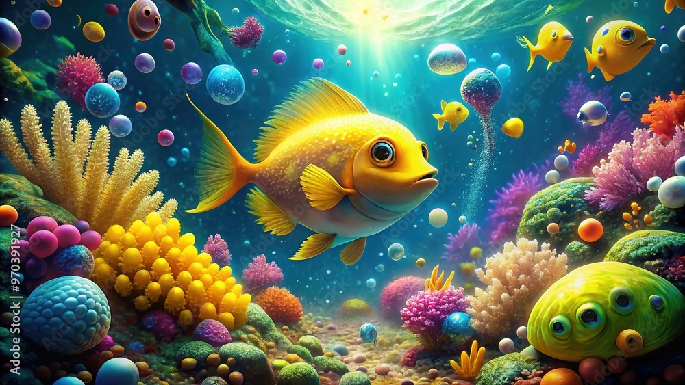 A vibrant underwater scene showcases a porous yellow sea creature ...