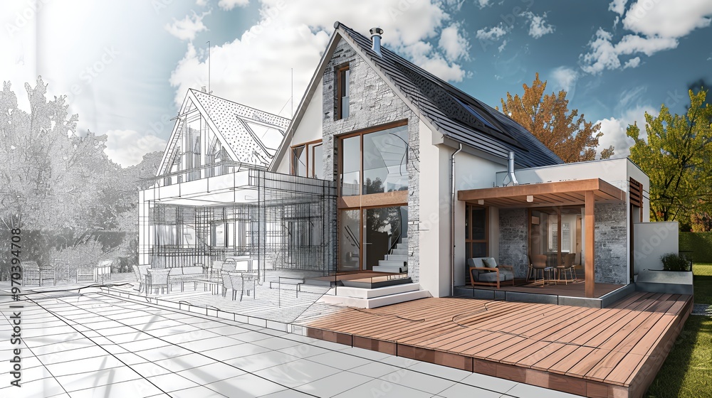 Modern house exterior with a wooden deck and patio furniture. The house ...