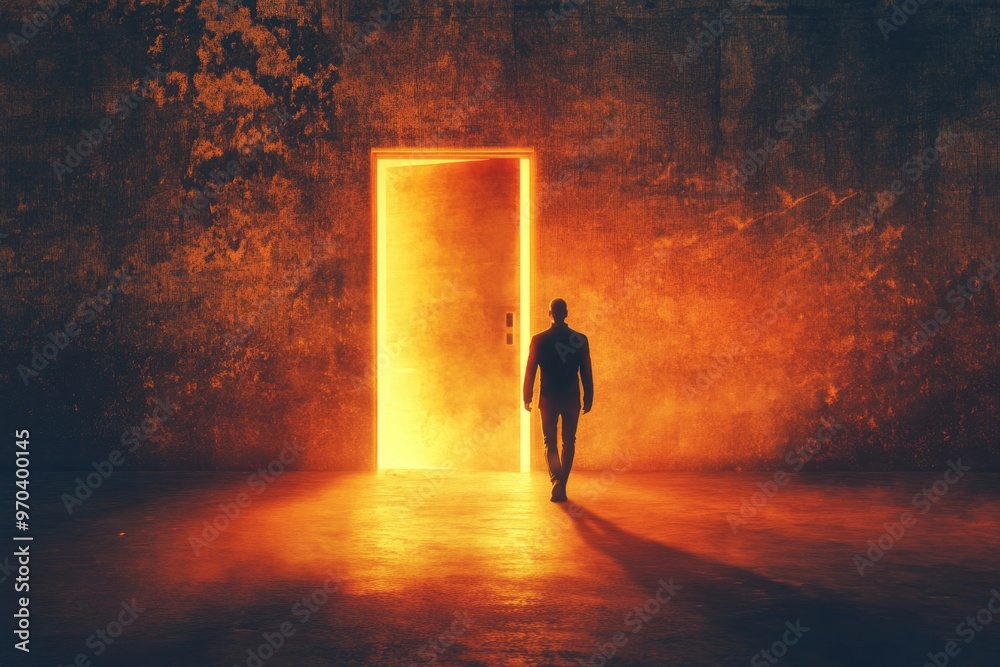 A man walking to a glowing door, symbolizing a departure or a new ...