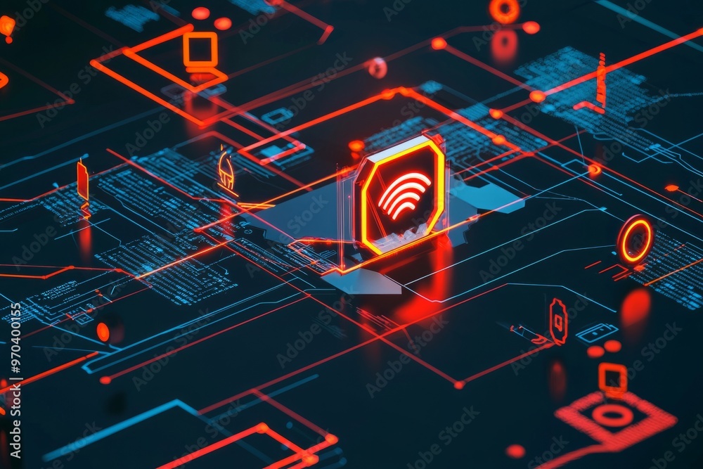 A digital representation of a firewall blocking malicious traffic ...