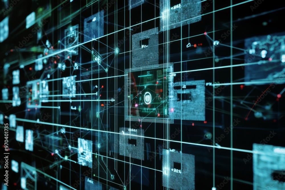 A network security interface showing a live feed of encrypted data transmissions and secure ...