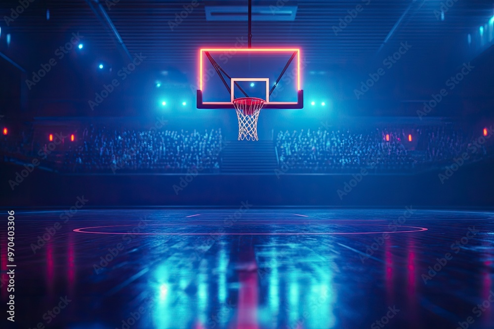 Basketball court with intense lighting, while hoop and scoreboard are ...