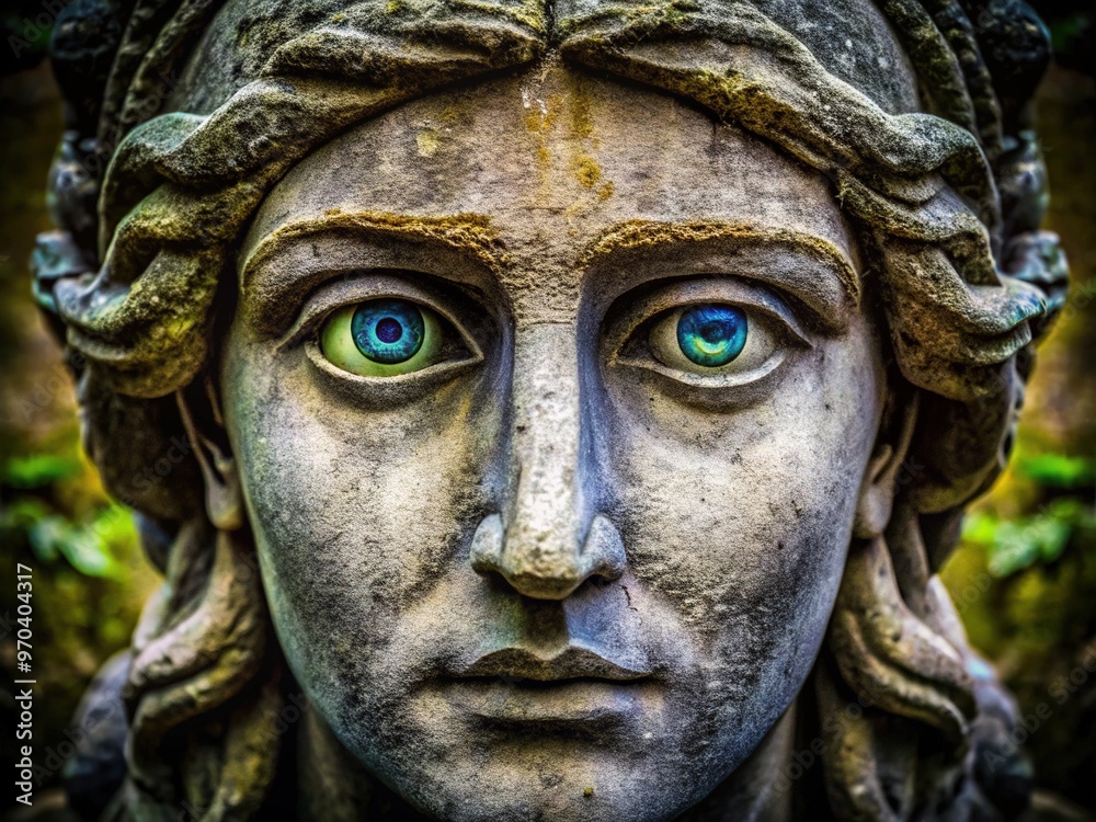 A weathered ancient stone statue with piercing eyes seems to see beyond ...
