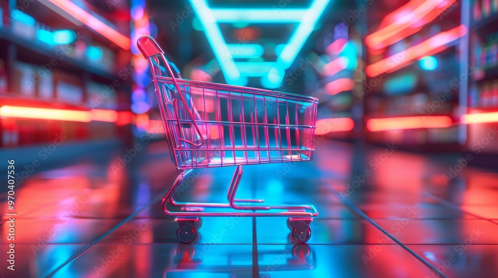 Modern shopping cart with vibrant neon colors in a retail environment ...