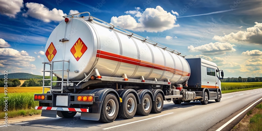 Dangerous goods tank truck with warning labels featuring high ...
