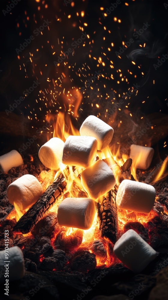 Soft marshmallows roasting over an open fire, slowly turning golden and ...