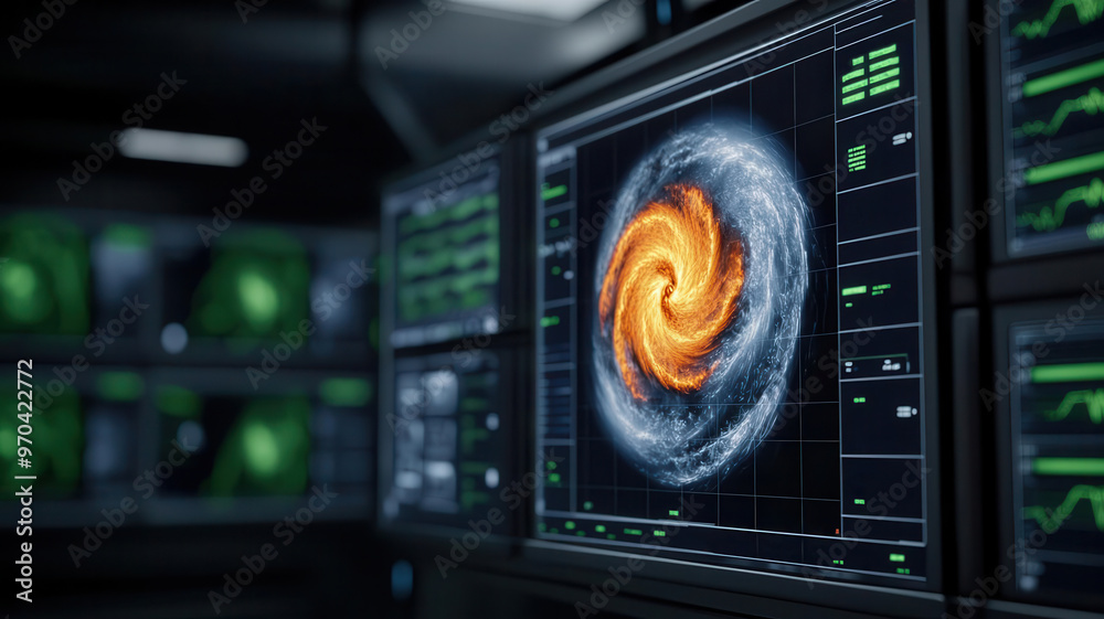 Weather radar display in an agricultural control room, with screens ...