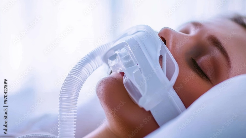 Woman sleeping with CPAP mask for sleep apnea treatment A close-up of a ...