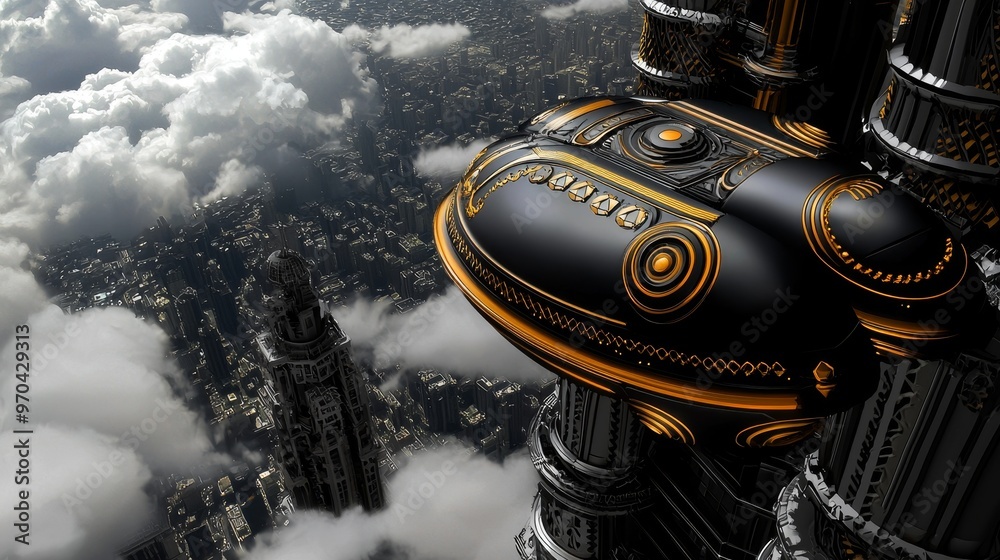 Intriguing steampunk cityscape with towering airships and clockwork ...