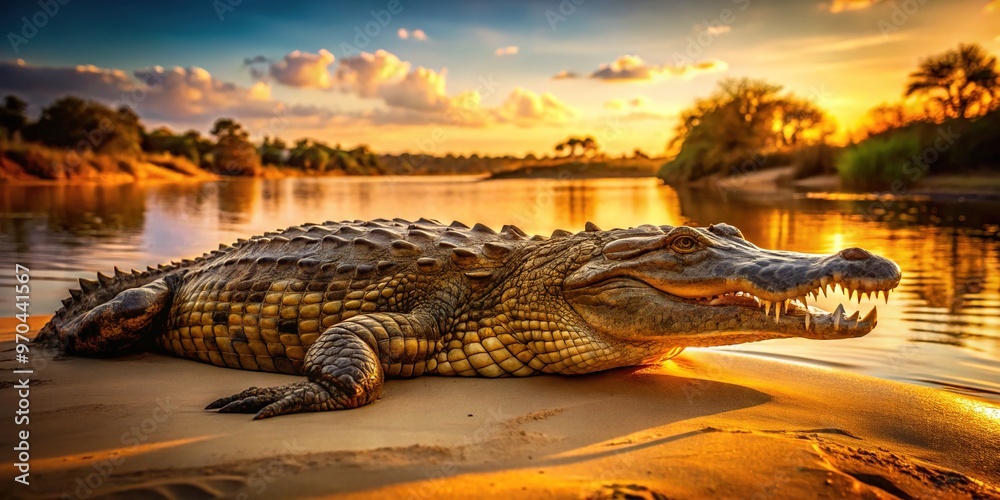 A massive, ancient creature basks on a sandy riverbank, its scaly body ...