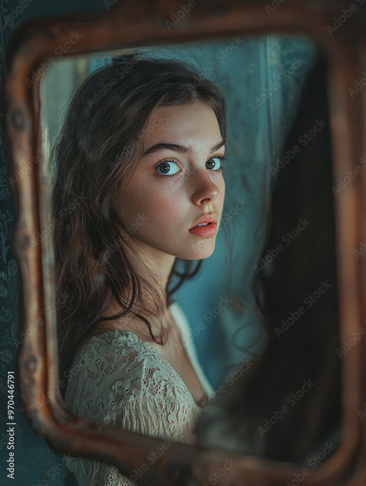 A young woman stares in confusion at a mirror that reveals a distorted ...