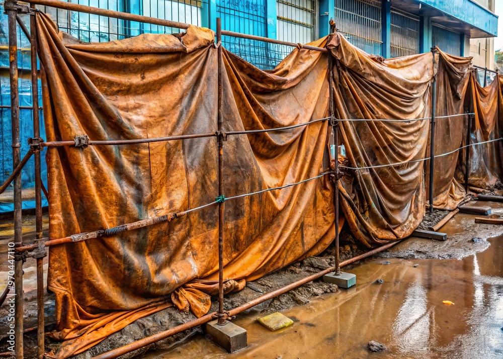 Worn and creased tarp draped over construction site fencing, sagging ...
