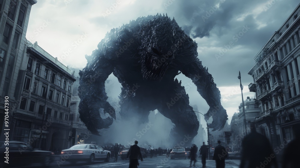 Giant monster rampages through the city streets under dark, stormy ...