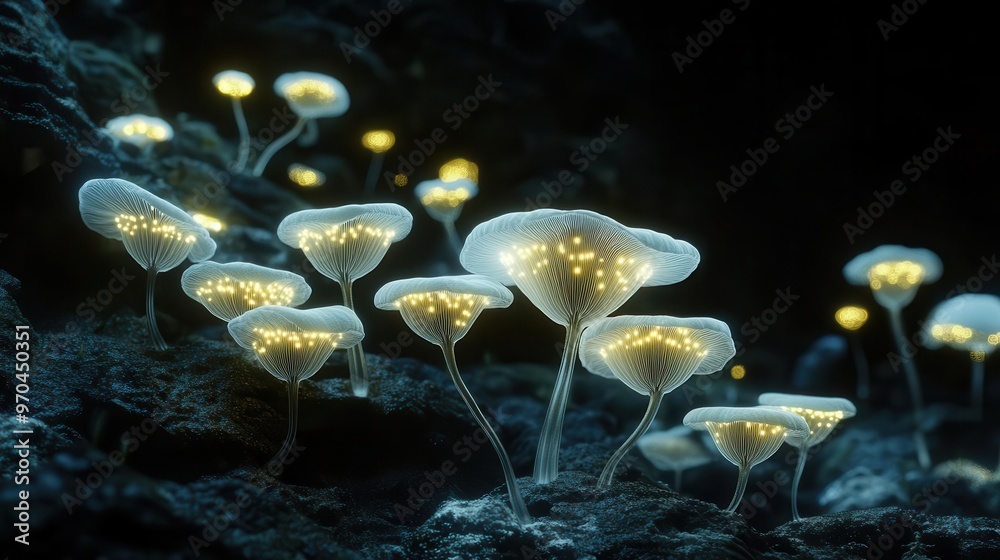 Delicate fungal growths emerging from a dark background, spores glowing ...