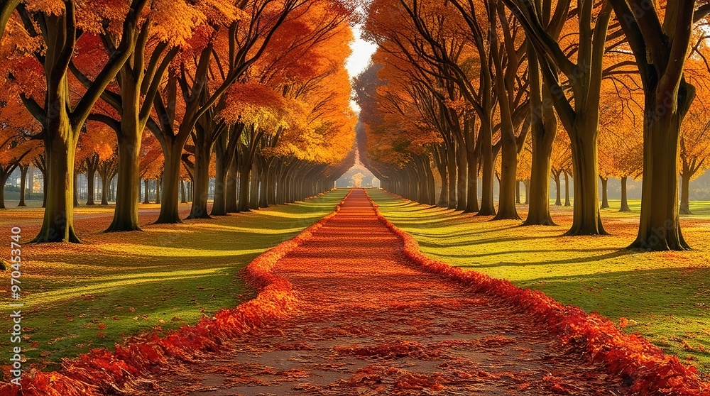 Autumn symphony of colours in the park avenue, red leaves and golden ...