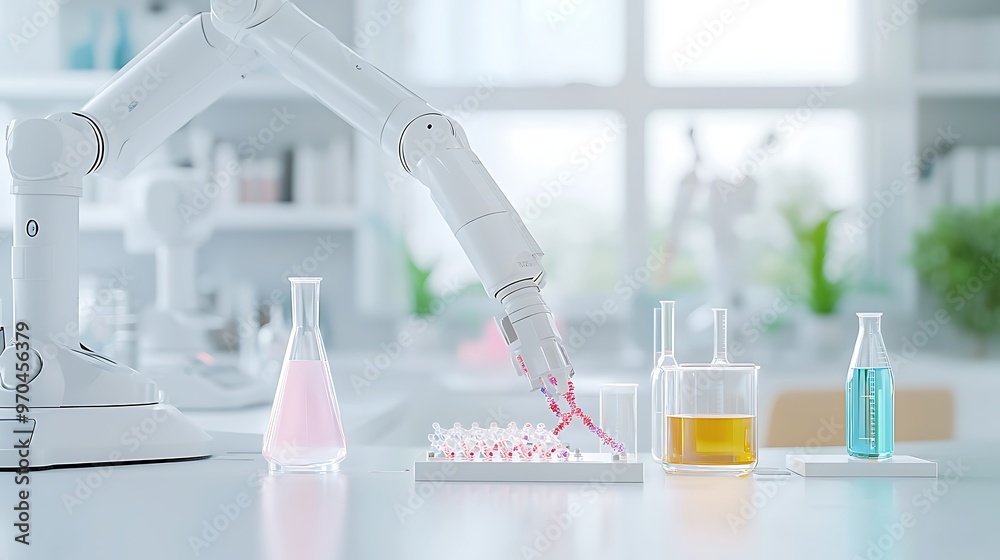 Biotech lab with robotic arms manipulating DNA samples, cutting-edge ...