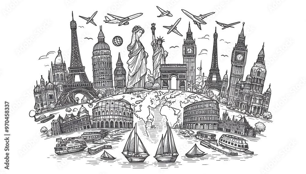 Line drawing of famous world landmarks on a white background, depicted ...