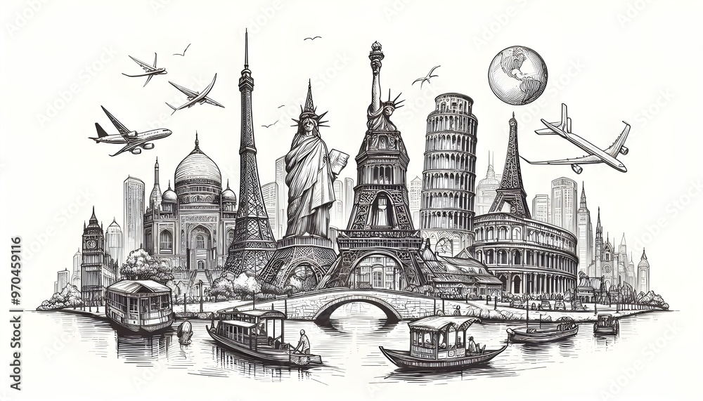 Line drawing of famous world landmarks on a white background, depicted ...
