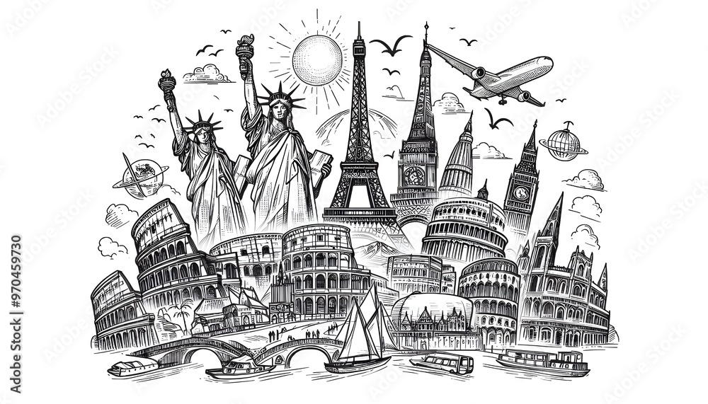 ภาพประกอบสต็อก Line drawing of famous world landmarks on a white ...