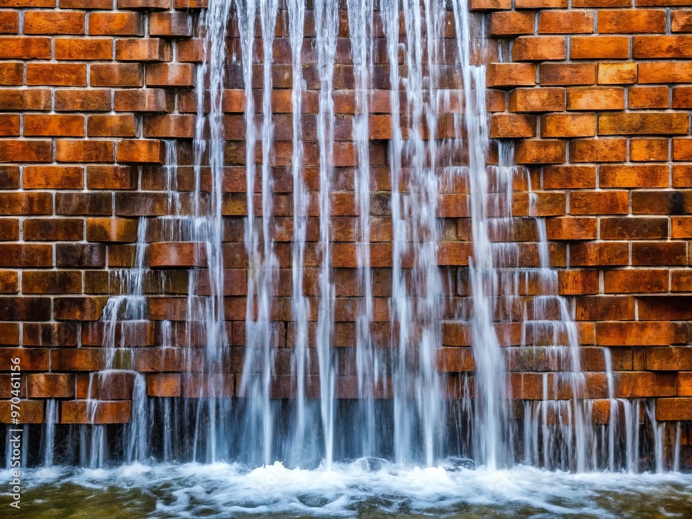 Water flows freely over rough brick walls, crafting an artful waterfall ...