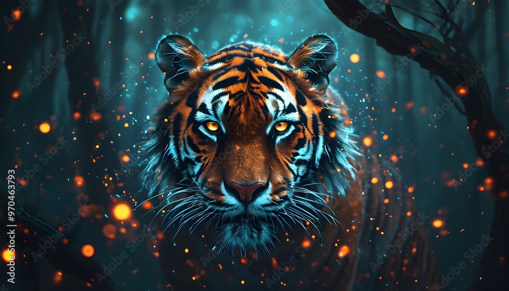 Enigmatic glowing tiger face enveloped in digital light particles ...