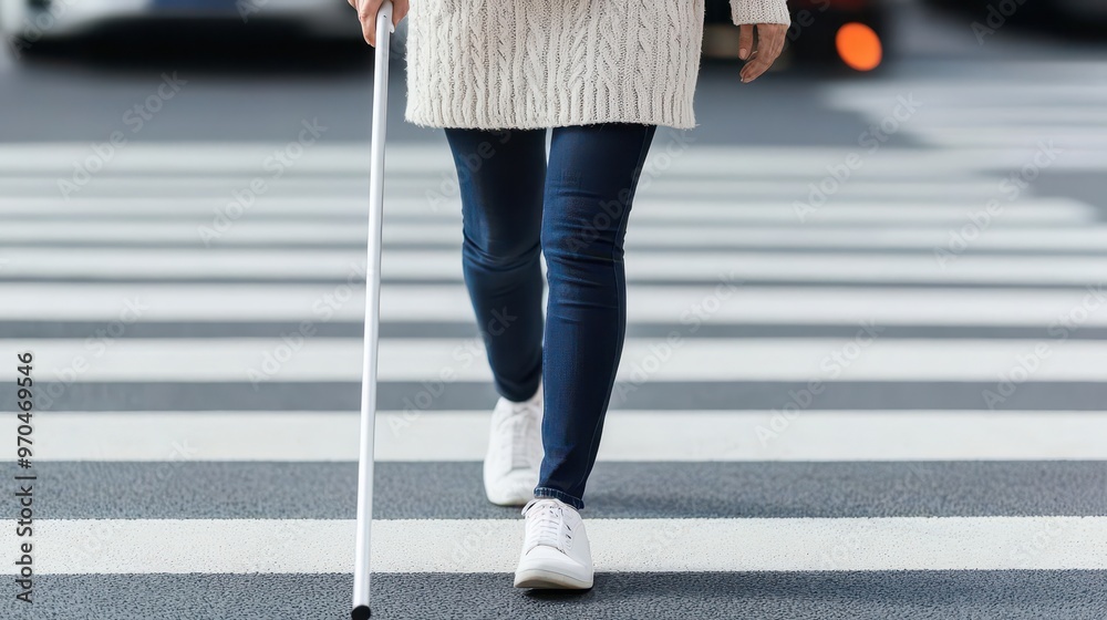 A person with a white cane confidently crossing a busy intersection ...