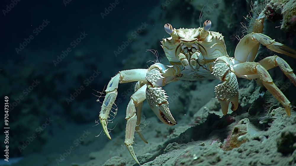 Yeti crab near hydrothermal vent, deep sea ecosystem: A yeti crab huddles near a hydrothermal ...