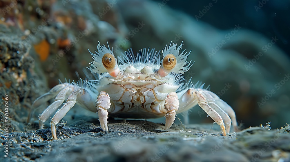 Yeti crab near hydrothermal vent, deep sea ecosystem: A yeti crab huddles near a hydrothermal ...