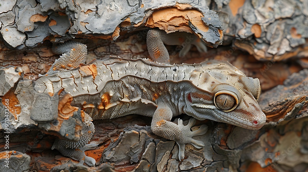 Camouflaged leaf-tailed gecko blending with tree bark, macro shot: A ...